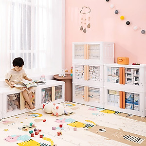 HANAMYA Folding and Stackable Container with Doors and Handles | Storage Container | Storage Organizer | Storage Totes | Trunk Organizer, 72 Liter, Set of 2, White&Cream Handle