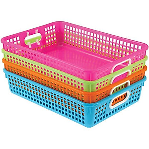 Really Good Stuff Plastic Desktop Paper Storage Baskets for Classroom or Home Use – Plastic Mesh Baskets in Fun Neon Colors – 14.25” x 10” – (Set of 4)
