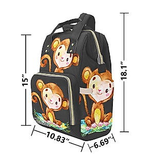 Cute Monkey Black Personalized Diaper Backpack with Name,Custom Travel DayPack for Nappy Mommy Nursing Baby Bag One Size