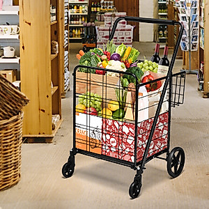 COSTWAY Folding Shopping Cart, Extra Jumbo Double Basket Grocery Cart with 360° Swivel Rolling Bearing Wheels, Dense Metal Mesh Base, Large Capacity Utility Cart for Market, Grocery, Laundry (Black)