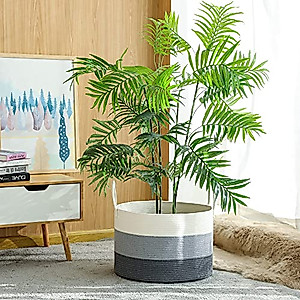 KAKAMAY Large Cotton Rope Blanket Basket (20"x13"),Woven Baby Laundry Hamper，Blanket Basket for Nursery, Laundry, Living Room, Pillows, Toys （White/Beige/Grey）