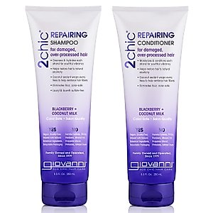 GIOVANNI 2chic Ultra-Repairing Shampoo & Conditioner Set - For Damaged, Over-Processed Hair, Helps Restore Hair's Natural Elasticity, Blackberry & Coconut Oil, Shea Butter, Color Safe - 8.5 oz Each