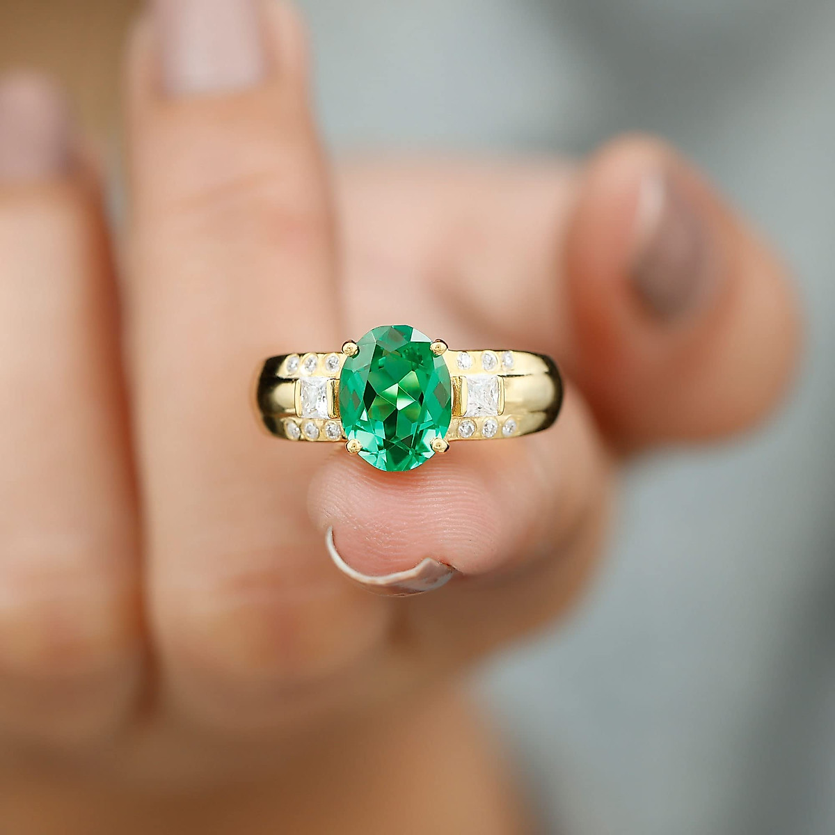 Rosec Jewels Certified Created Emerald Solitaire Engagement Ring| 7X9 MM Oval| AAAA Quality, 14K Yellow Gold, Size:US 6.00