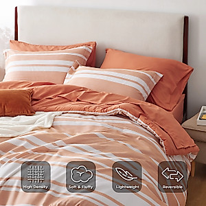 Bedsure Bed in a Bag Queen Size 7 Pieces, Burnt Orange White Striped Bedding Comforter Sets All Season Bed Set, 2 Pillow Shams, Flat Sheet, Fitted Sheet and 2 Pillowcases
