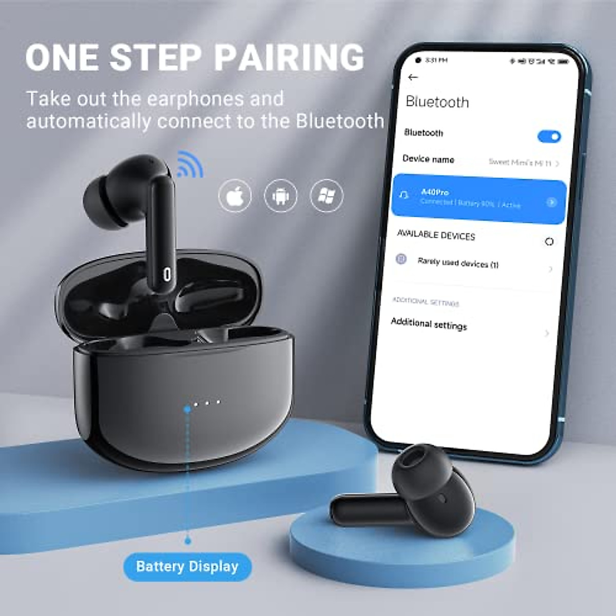 Wireless Earbuds Aoslen Bluetooth 5.3 Headphones with 4 Call Noise Reduction Mic Bluetooth Sport Earphone in Ear Touch Control 36H Playtime Type-C Charging HiFi Stereo IPX6 for iOS Android Black