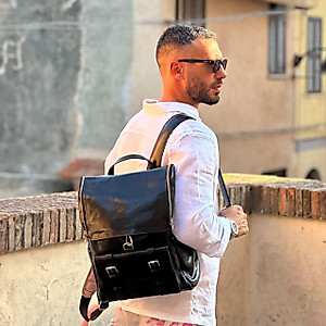 Time Resistance Leather Backpack up to 15in Laptop Brown Travel Book Bag (Black)