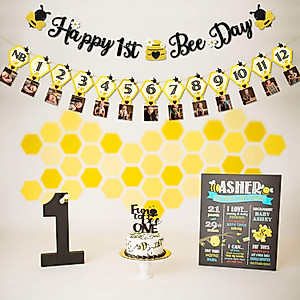 3PCS Happy Bee Day Party Decorations, Bumble Honey Bee 1st Birthday Baby Photo Banner for Newborn to 12 Months, Monthly Milestone Photograph Bunting Garland, First Birthday Celebration Decorations