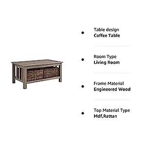 Walker Edison Alayna Mission Style Two Tier Coffee Table with Rattan Storage Baskets, 40 Inch, Driftwood