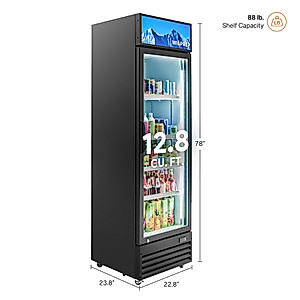 Wilprep One Door Commercial Refrigerator, 12.8 cu. ft. Swing Door Merchandiser Refrigerator with Tempered Glass & LED Lighting, ETL Listed Fog Free Beverage Display Refrigerator for Office Bar Store