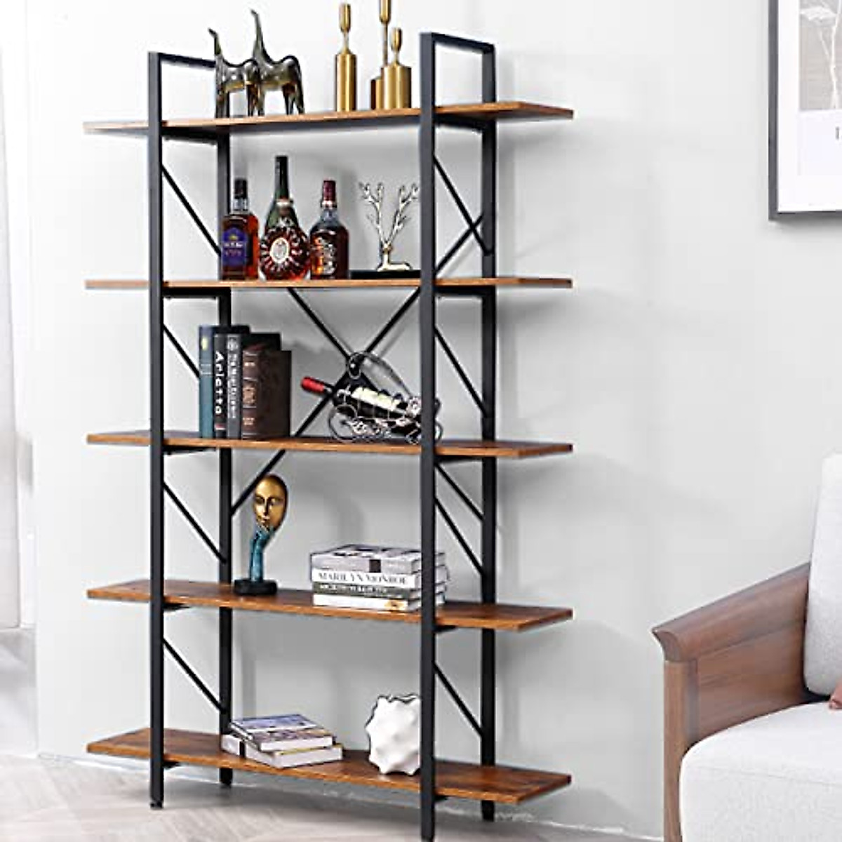 OTENNETO 5 Tier Book Shelf, Industrial Shelves Etagere Book Case with Extra Width & Rustic Wood Board, Large Vintage 5 Shelf Bookcase, Open Display Storage Furniture for Bedroom, Office, Living Room