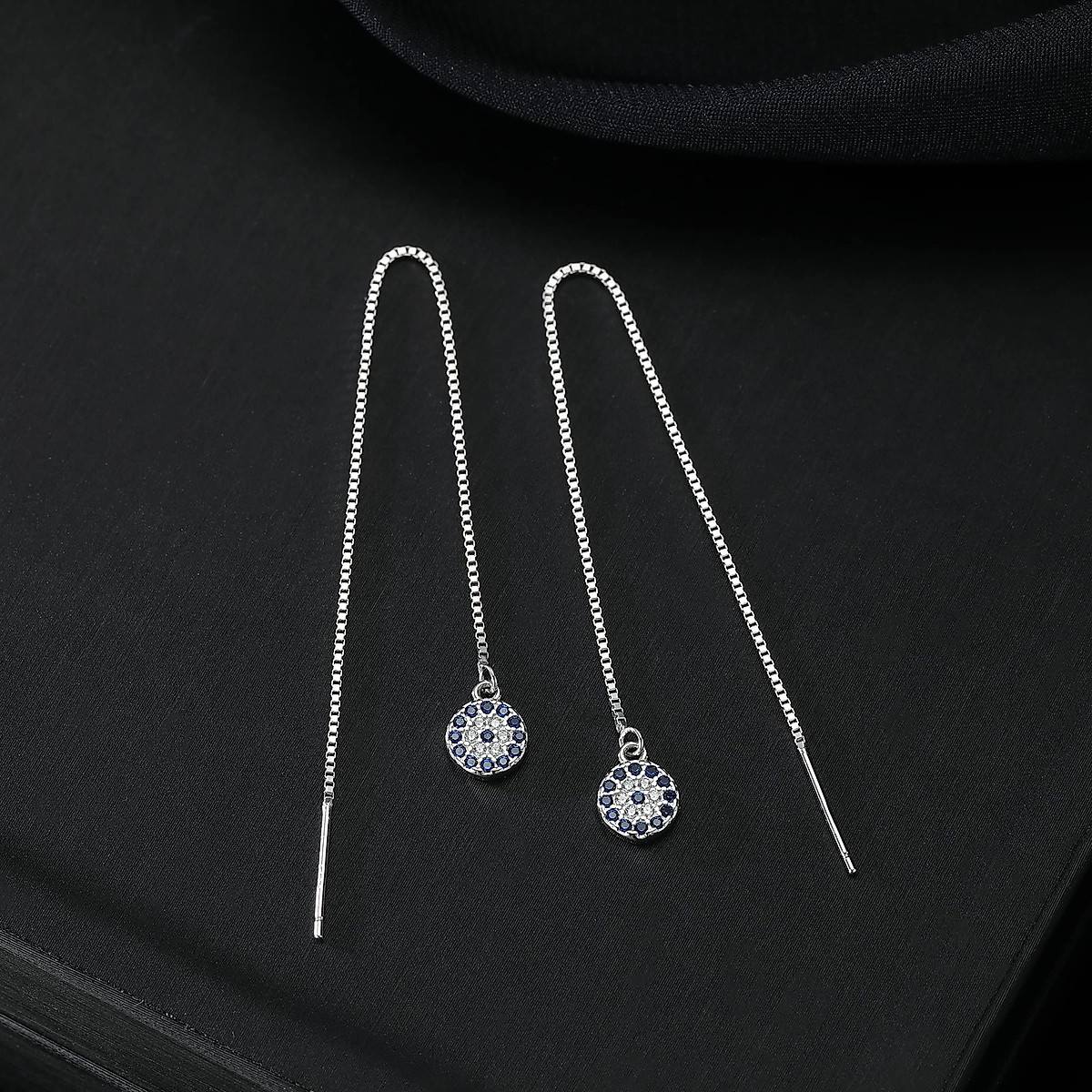SLUYNZ 925 Sterling Silver Evil Eye Dangle Earrings Chain for Women Blue Eye Threader Earrings (A-Silver)