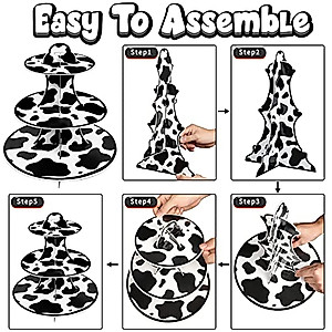 2 Set 3-Tier Farm Animal Cow Print Round Cardboard Cupcake Stand for 24 Cupcakes Perfect for Cow Boy Birthday Party Decorations Baby Shower Decor Cow Print Party Supplies