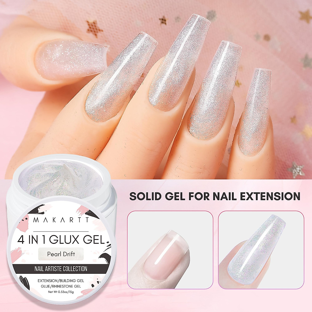 Makartt Solid Gel Builder: 15ML Non-sticky to Hands, White Shimmers Color for Extension 3d Sculpting Nail Art, Hard Gels Molding for Nails UV/LED Lamp Required Pearl Drift