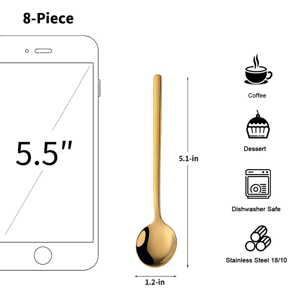 Espresso Spoons Set of 8, Poylim Cute Small Coffee Spoons, 18/10 Stainless Steel Gold Demitasse Spoons for Tea, Dessert, Appetizer, 5.1-inch