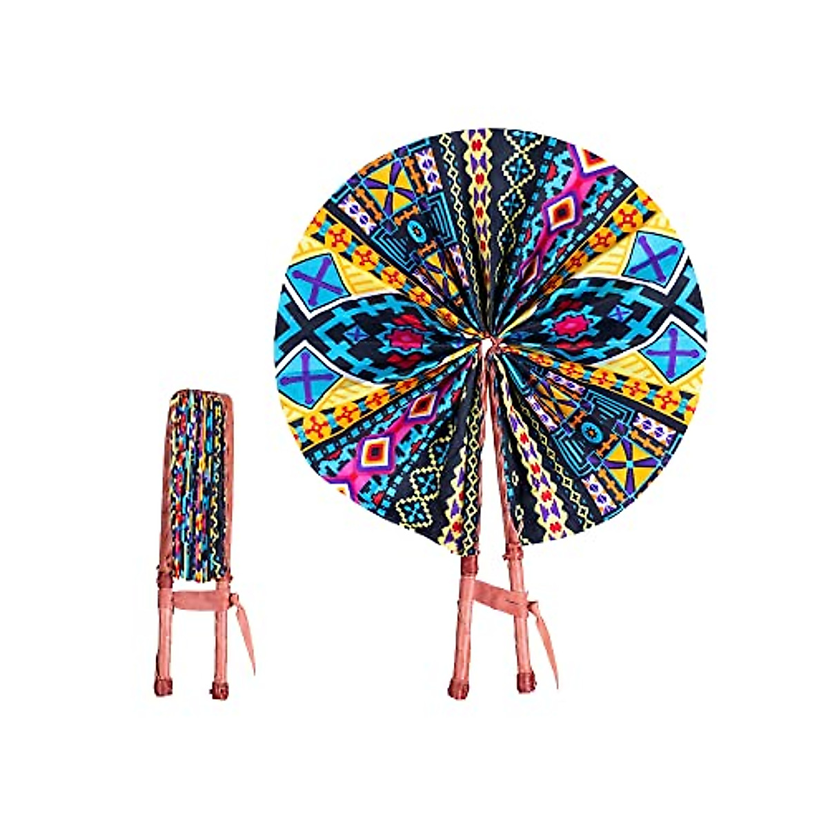 Handmade in Ghana Colorful Ankara African Print Handheld Bolga Folding Fan With Leather Handles Handheld African Fabric Folding Fan (Multi 1)