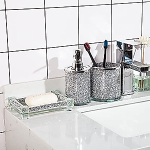 SHYFOY Bathroom Accessories Set, 3 Piece Silver Crystal Diamond Bathroom Accessory Decor Sets, Glass Bath Restroom Set Vanity Organizer Includes Soap Dispenser, Toothbrush Holder, Soap Dish