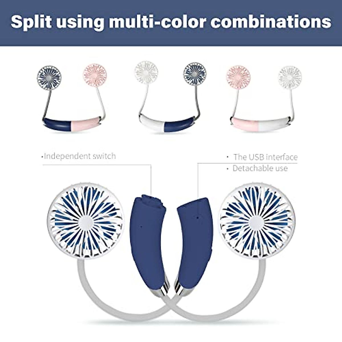 HUIQIMEI Portable Neck Fan Rechargeable Cooling Neck Fan Detachable Electric Personal Fans Independent Switch Control Long Battery Life for Travel Office Household Outdoor Sports (Blue)