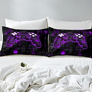 Erosebridal Gaming Twin Fitted Sheet for Boys Teens Game Bedding Set,Kids Gamer Bed Sheets Game Bedroom Decor,Glowing Neon Gamepad Sheets Geometric Bed Set with Deep Pocket,Purple 2Pcs