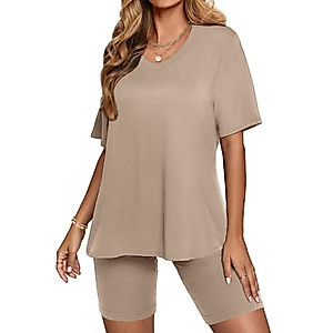 AGSEEM 2 Piece Summer Outfits For Women Shorts Sleeve V Ncek Summer Clothes Khaki XL