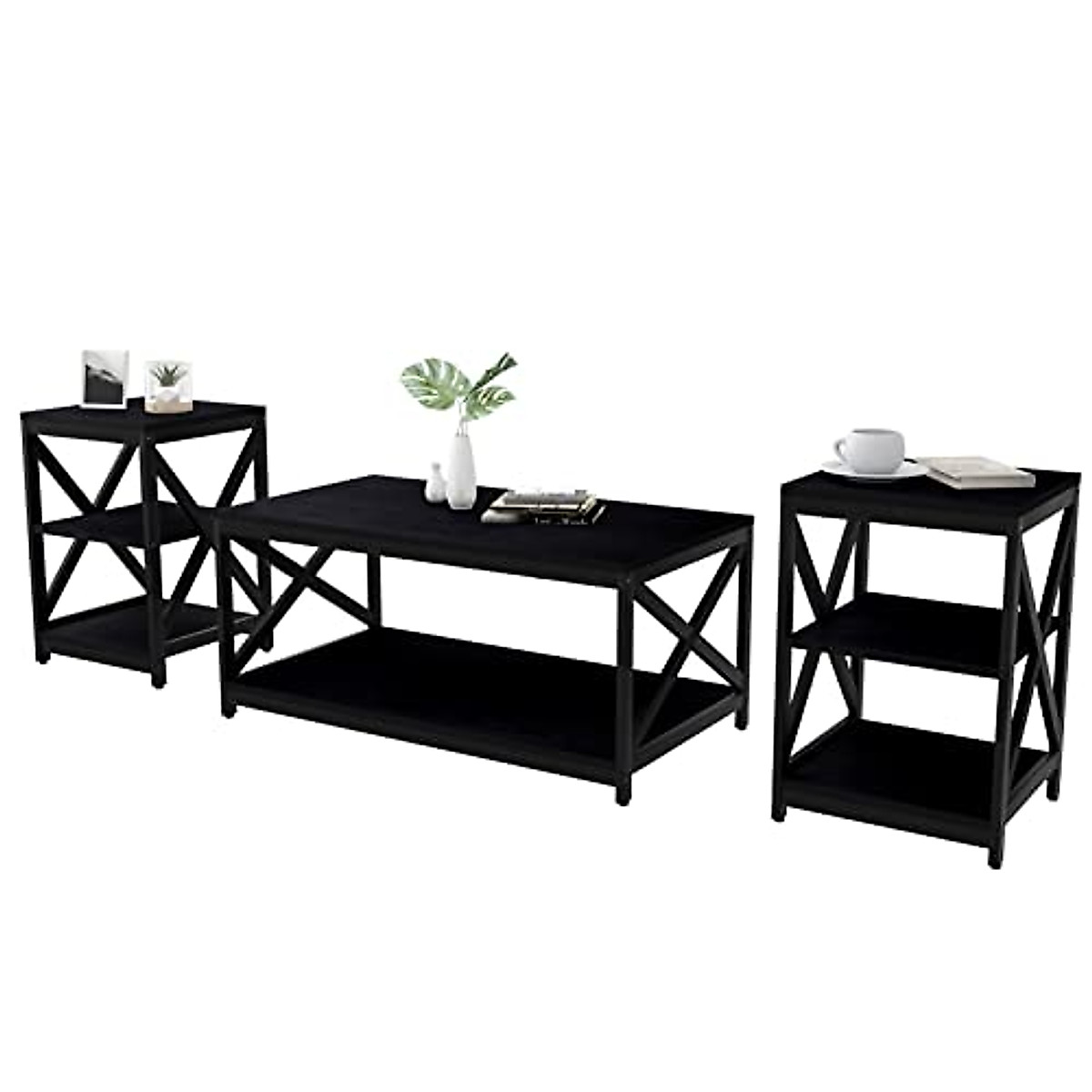 Bigbiglife Living Room Table Set of 3, Industrial X-Design Coffee Table with 2 End Side Tables, Modern 3 Pieces Coffee Table Set with Metal Frame for Apartment Home Office, Easy to Assemble, Black