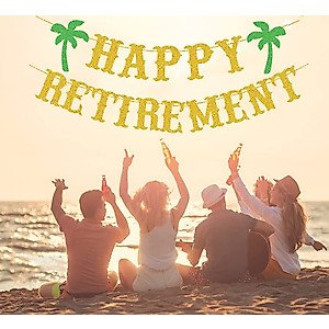 Beach Theme Retirement Party Decorations - Gold Glitter Happy Retirement Banner & Happy Retirement Cake Topper & Coconut Tree Balloons for Beach Theme Retirement Party Supplies Retired Gift Ideas
