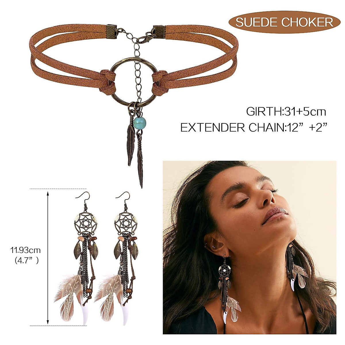 FINREZIO Native American Jewelry Leather Choker Necklace Earring Set for Women Handmade Bohemian Dream Catcher Long Faux Feather Drop Dangle Earrings Retro Necklace Set
