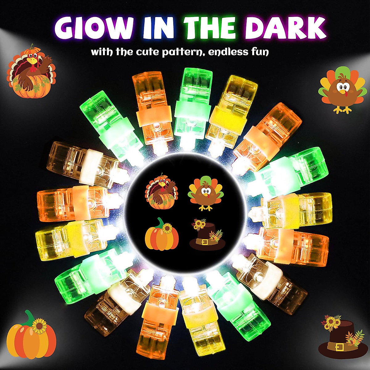Fall Thanksgiving Party Favors, 24PCS LED Light Up Finger Lights-Turkey Pumpkin Pattern Glow in the Dark Toys Bulk for Boys Girls Harvest Class Exchange Gifts Reward Prizes Thanksgiving Party Supplies