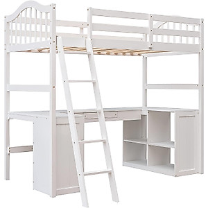 Harper & Bright Designs Twin Size Loft Bed with Desk, Wood Loft Bed Twin with Drawers, Cabinet, Shelves, Kids Loft Twin Bed with Desk and Storage for Girls Boys Teens,No Box Spring Needed,White