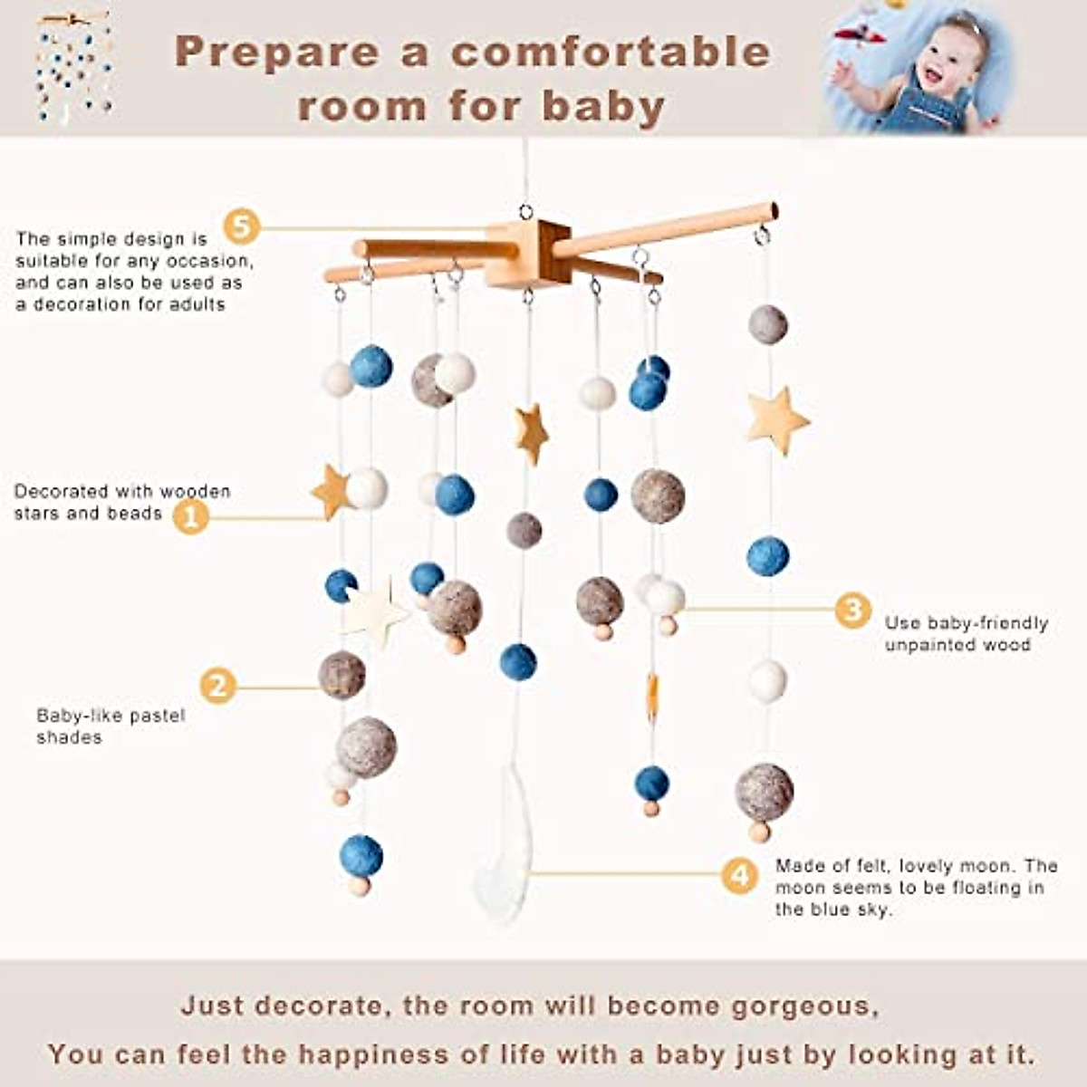 Baby Crib Mobile Wooden Wind Chime Bed Bell,Nursery Mobile Crib Bed Bell Baby Bedroom Ceiling Wooden Beads Wind Chime Hanging