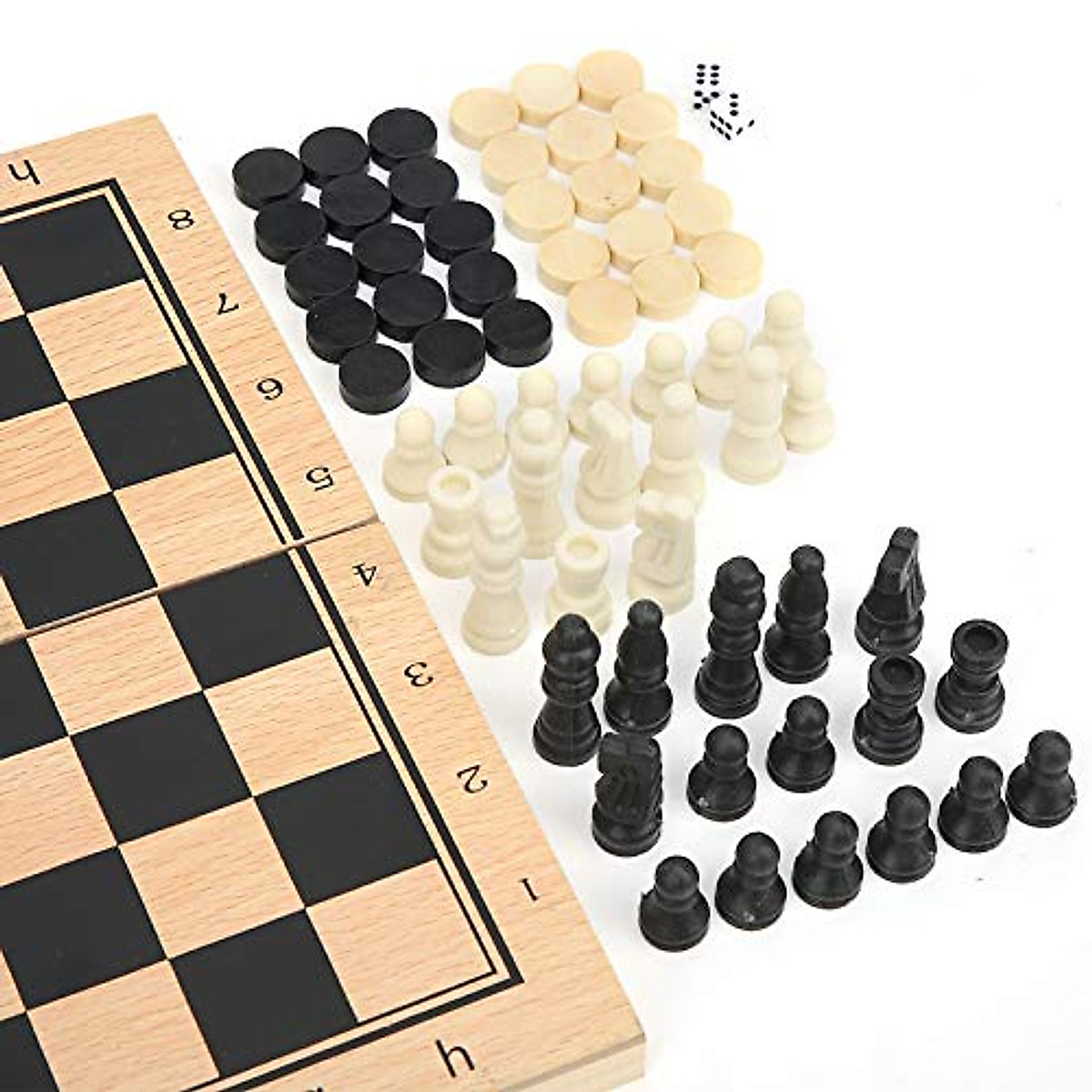 3 in 1 Wooden Chess/Checkers/Backgammon Set, Professional Portable Wooden Chess Set with Folding Chess Board Exquisite Interactive Wooden Chess Board Game for Adults Kids(S)