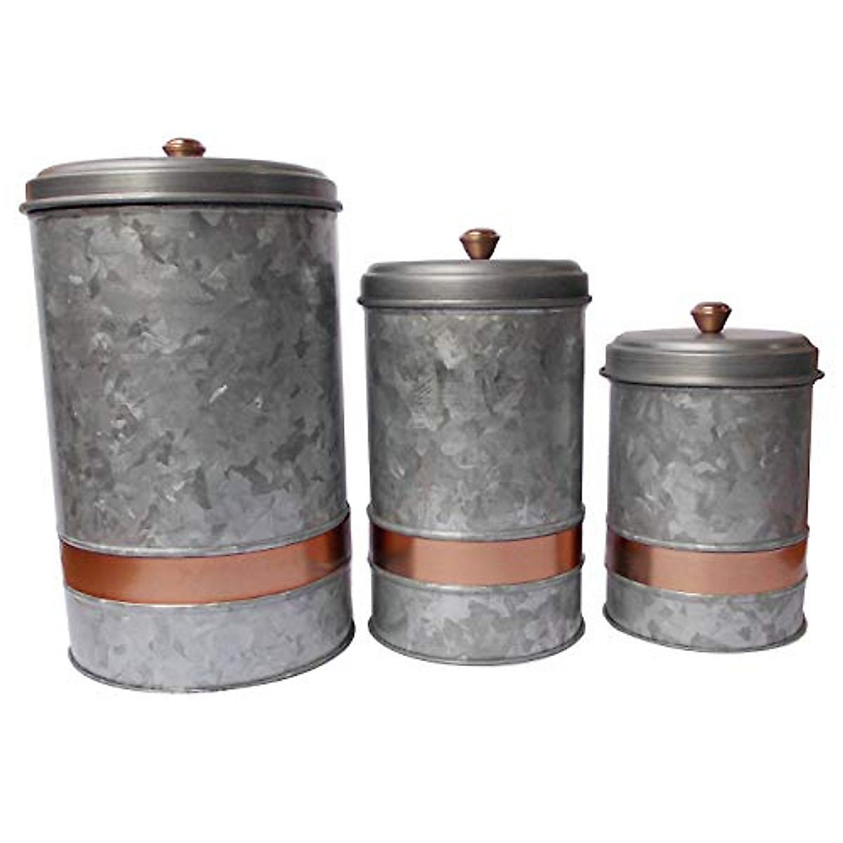 Benjara, Gray Galvanized Metal Lidded Canister with Copper Band, Set of Three, 3 Count