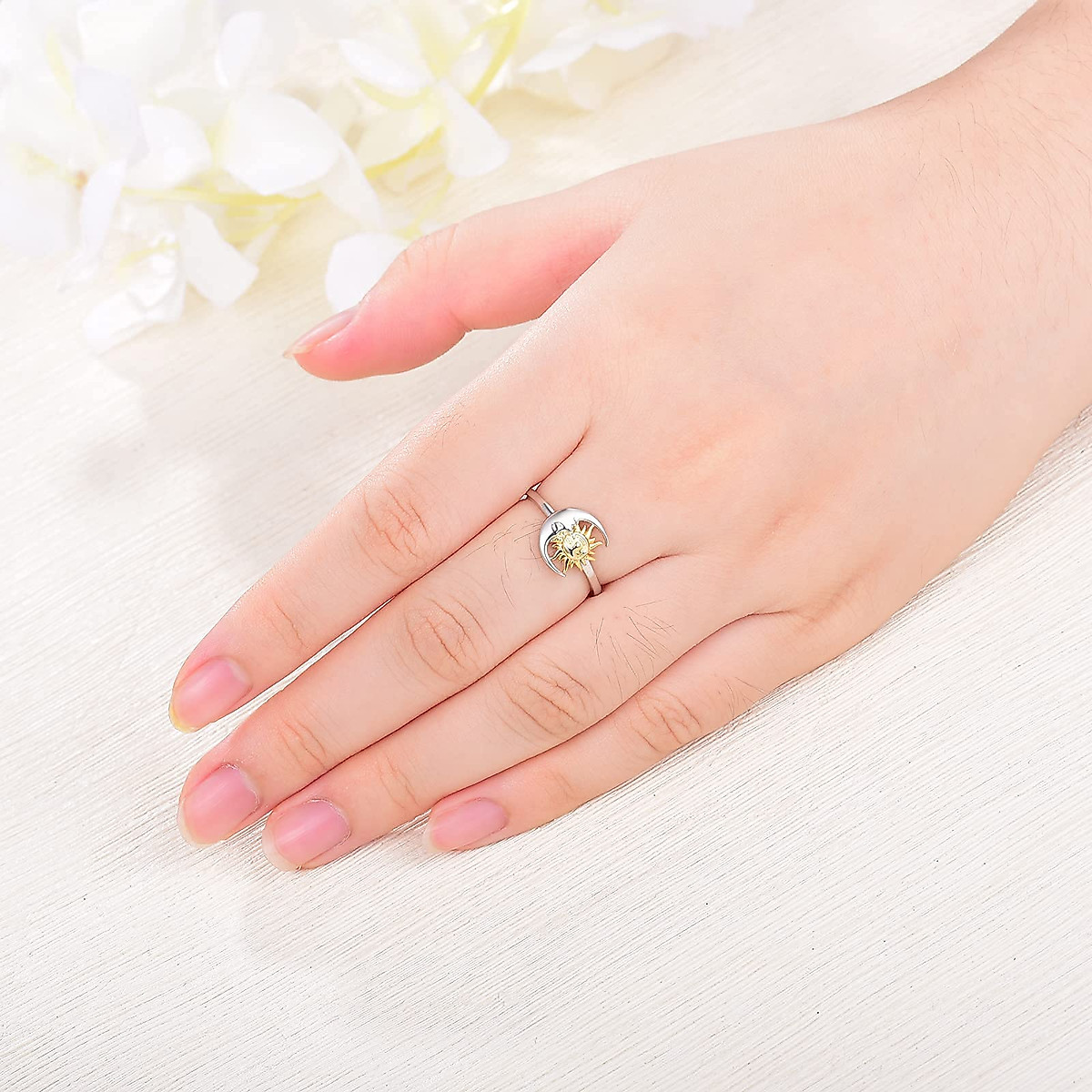 ZGBY Sun and Moon Ring 925 Sterling Silver Crescent Moon Sun Rings for Women Teens Lovers jewelry gifts (sun moon ring, 10)