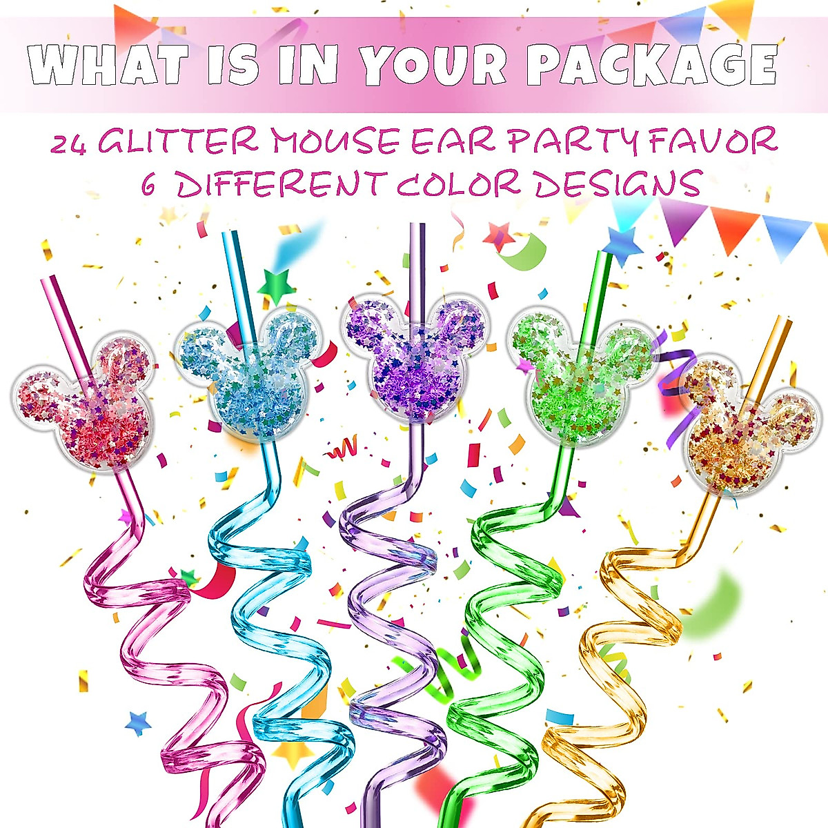 24Pcs Glitter Mouse Straws for Kids Party Favors, Straws for Birthday Party Supplies, Drinking Straws for Boys Girls Party Decorations