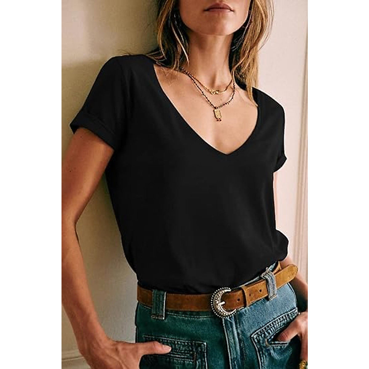 Beyove Womens Low Cut Tops Deep V Neck Plunging Tee T Shirts, Pack of 2 Black Black