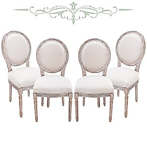 COLAMY French Country Dining Chairs Set of 4, Upholstered Farmhouse Dining Room Chairs with Round Back, Solid Wood Legs, Accent Side Chairs for Kitchen/Living Room/Bedroom- Light Beige