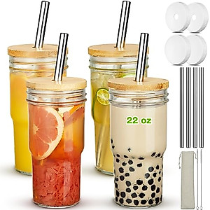 4 Pack Glass Cups with Bamboo Lids and Straws (USA MADE), 22 oz Glass Tumbler with Straw and Lid, Reusable Boba Cup Smoothie Cup Iced Coffee Cup Wide Mouth Mason Jar Cups Drinking Glasses for Bubble