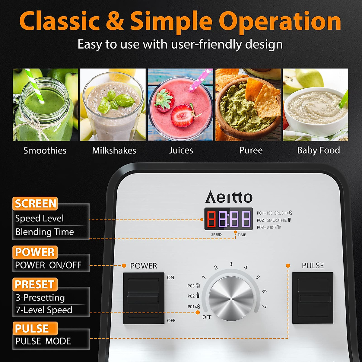 Aeitto Blender, Blenders for Kitchen with 1500-Watt Motor, 68 Oz Large Capacity, Countertop Professional Blenders for Ice Crush, Frozen Drinks(Sliver)
