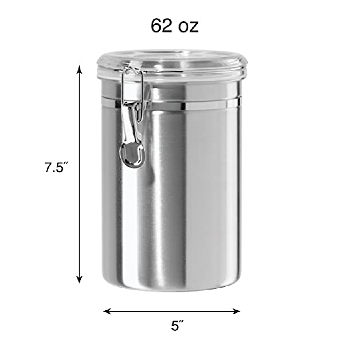 Oggi Stainless Steel Kitchen Canister 62 fl oz - Airtight Clamp Lid, Clear See-Thru Top - Ideal for Kitchen Storage, Food Storage, Pantry Storage. Large Size 5" x 7.5".