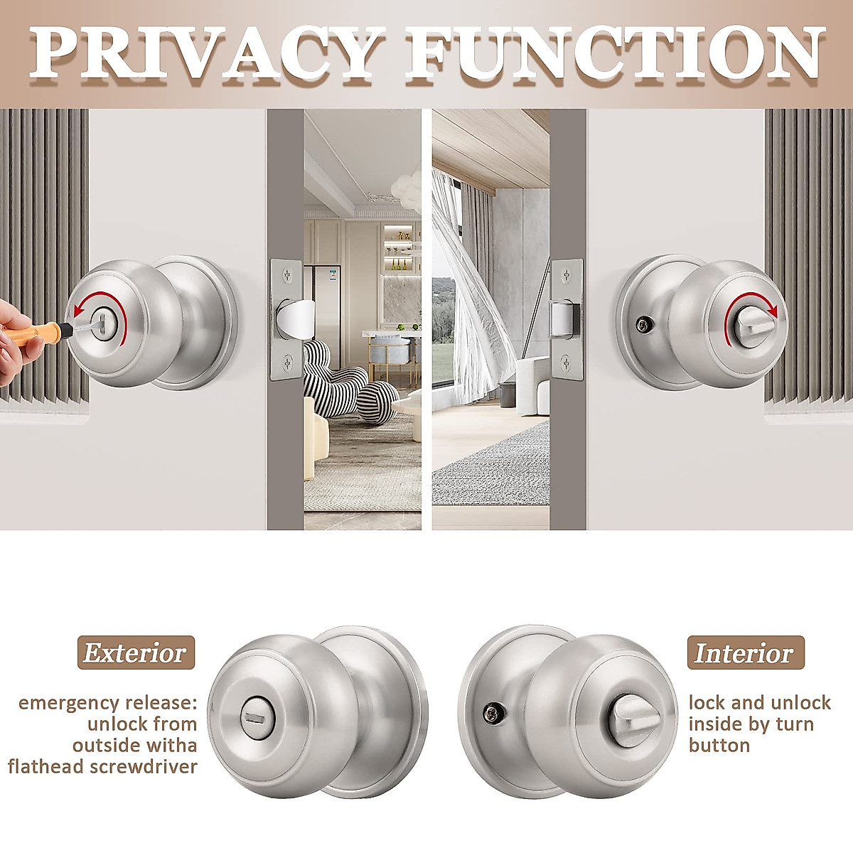 Probrico 8 Pack Interior Privacy Door Knobs Keyless Door Lock Lockset Round Doorknobs in Satin Nickel Door Locks for Bedrooms and Bathrooms Adjustable Latch Backset