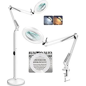 TOMSOO 4-in-1 Magnifying Glass with Light, White/Warm White Lighted Magnifier Lens - Adjustable Swivel Arm Full Spectrum LED Magnifying Floor Lamp with Clamp for Reading, Crafts, Close Work (White)