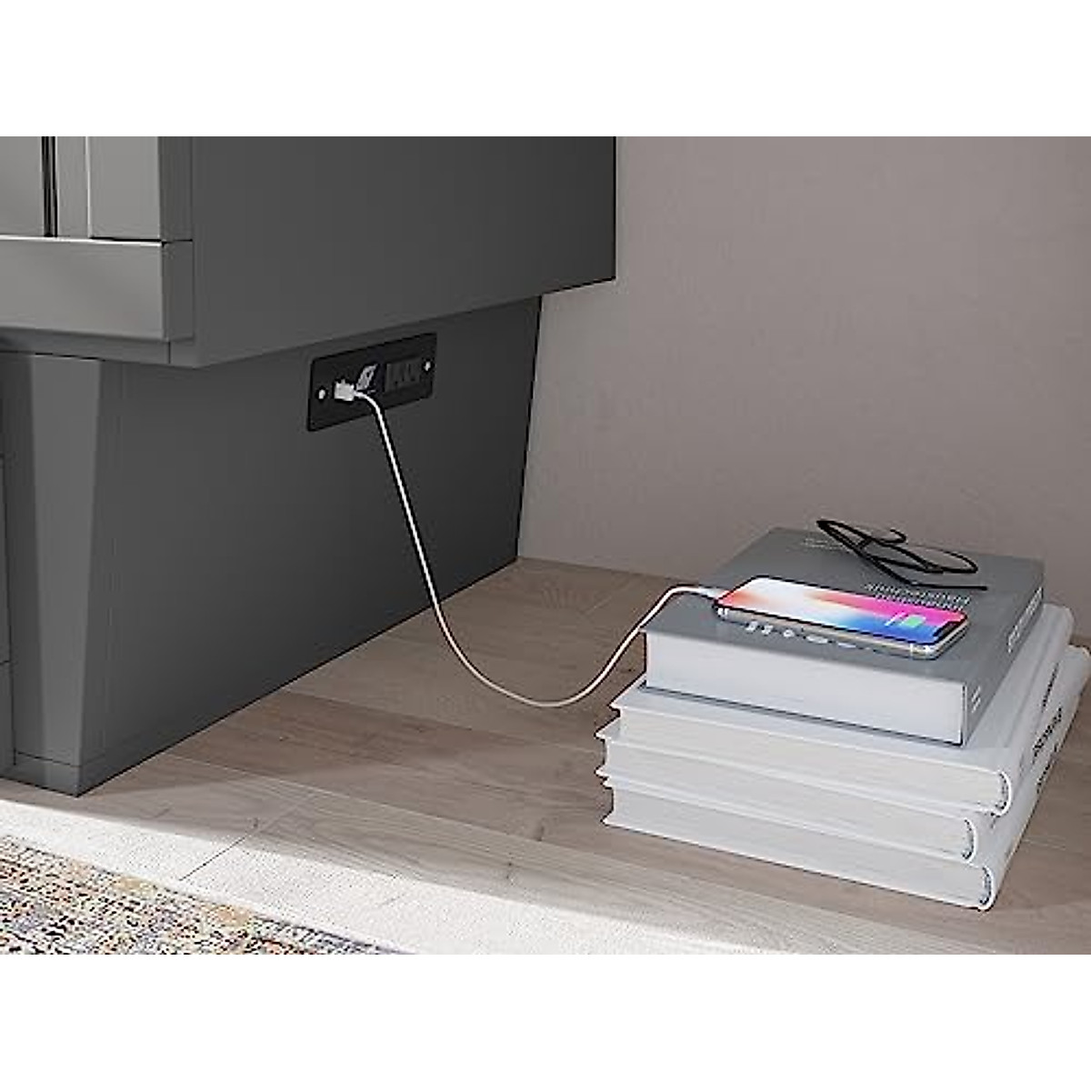 AFI, Nantucket Murphy Bed Chest with 6 inch Memory Foam Folding Matttress, Built-in Charging Station and Storage Drawer, Full, Grey