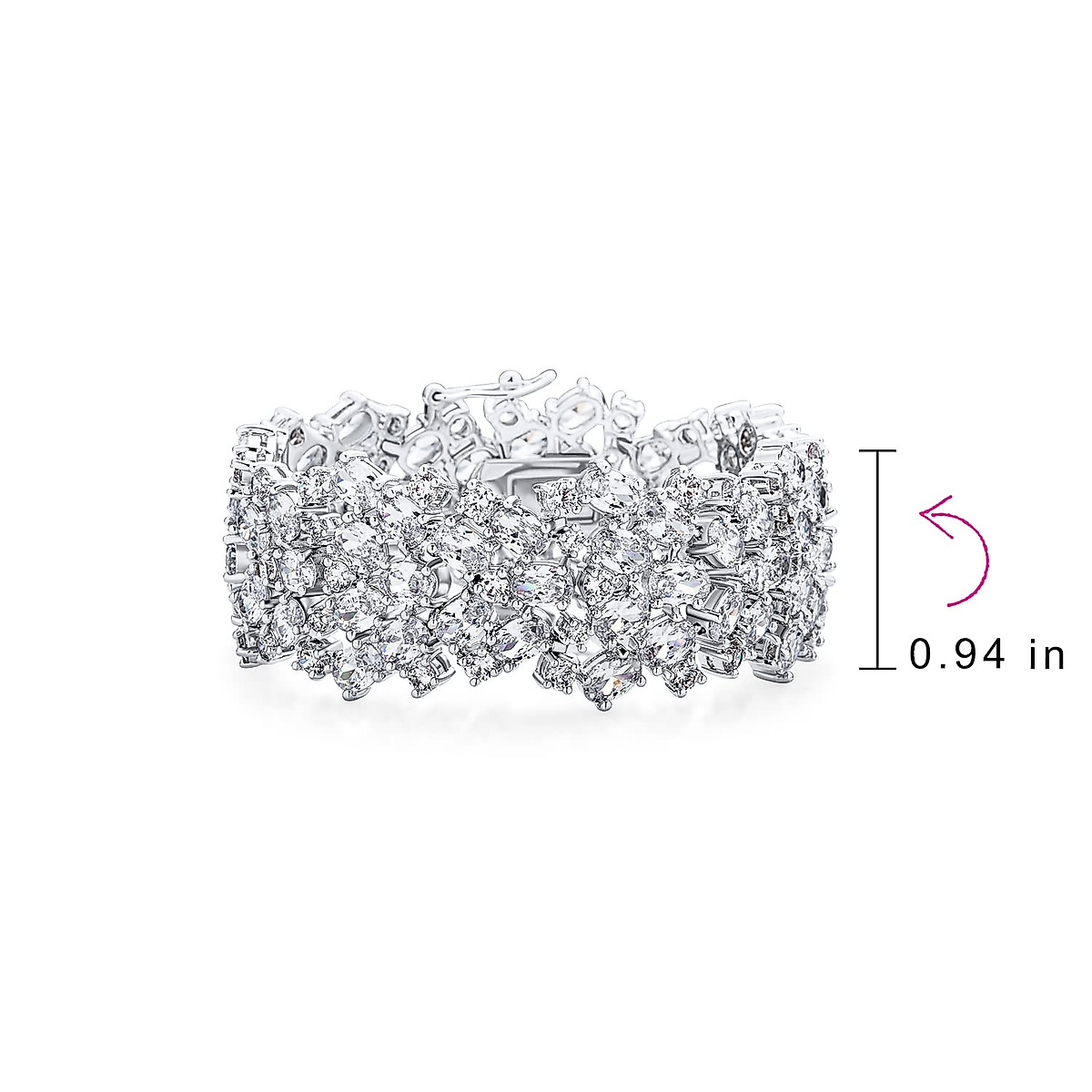 Bling Jewelry Elegant Formal AAA CZ Wide Statement Bracelet for Women, Prom, Wedding or Bridal Occasions Multi Row Big Oval Cubic Zirconia Cluster Design Silver Plated