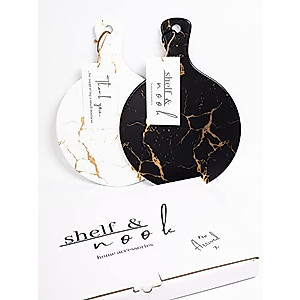 Round marble ceramic cutting board. Marble trivet in white or black with gold veins and leather chord. Cheese serving tray slab to display with kitchen accessories. Vanity tray for countertop. (White)