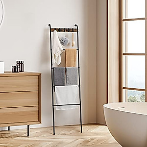 Blanket Ladder Towel Ladder for The Living Room Wall-Leaning Quilt Ladder with 5 Removable Hooks Farmhouse Decorative Bathroom Blanket Ladder Black Towel Rack for Laundry Room Outdoor Pool，Black