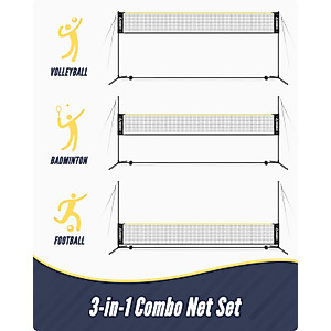 Patiassy 5.1ft-7.4ft Adjustable Height Volleyball Badminton Net Set 17ft Portable Sports Net with Poles, 4 Badminton Rackets, 3 Shuttlecocks and 1 Volleyball for Indoor Outdoor