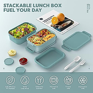 Jelife Bento Box Adult Lunch Box - 72oz Stackable Bento Lunch Box for Adults, 3 Layers Leak-Proof All-in-One Large Bento Box Lunchbox with Utensil Sauce Dressing Containers for Dining Out,Work, Green