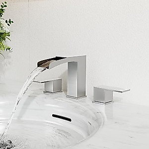 Pheistina 8-Inch Widespread Brushed Nickel 3 Holes 2 Handles Waterfall Bathroom Sink Faucet, with Metal Pop Up Drain Assembly & Cupc Water Supply Lines, NS-WF002-1-BN