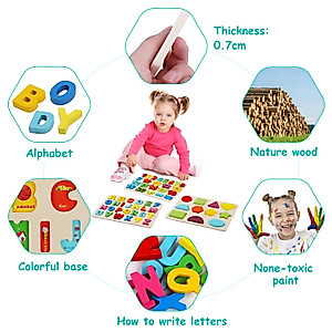 Wooden Puzzles for Toddlers - Wood Alphabet Number Shape Learning Puzzle for Kids Ages 2 3 4 5 - Boys Girls Preschool Educational Toys Gift
