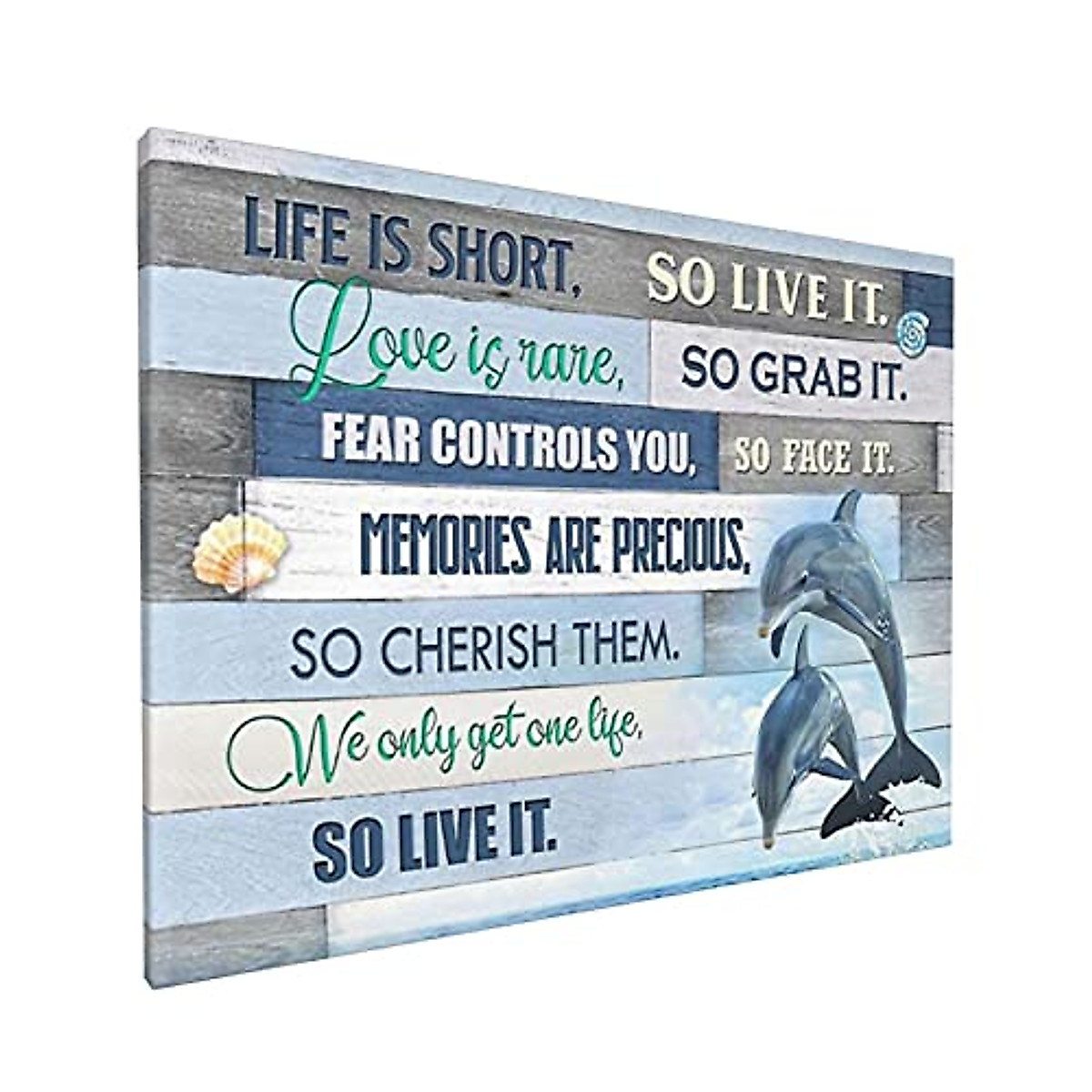 Dolphins Bathroom Decor Wall Art Beach Shell Themed Blue Ocean Animal Pictures Canvas Print Nautical Decor Artwork Life Inspirational Quotes Painting Framed Decoration for Living Room Bedroom12x16inch