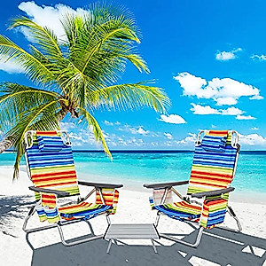 Safstar Folding Beach Chair Set, 2 Pack Folding Chair and Aluminum Small Table, 5-Position Adjustable Camping Chairs with Ice Bag, Comfort Pillow, 3 PCS Backpack Recline Beach Chairs (Color Strip)